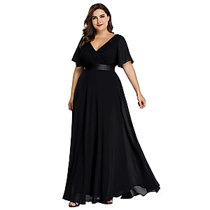 Ever-Pretty Women's Long V-Neck Ruffle Short Sleeves Plus Size Bridesmaid Dresses Black US22