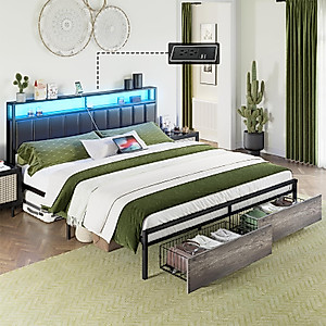 AMERLIFE LED Bed Frame with Drawers, King Platform Bed Frame with 2-Tier Storage & Leather Upholstered & Charging Station Headboard, No Box Spring Needed, Easy Assembly, Noise Free, Rustic Grey