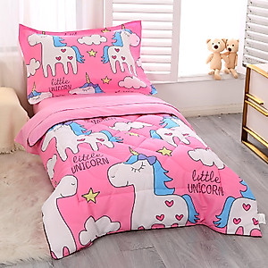 Wowelife Toddler Bedding Sets for Girls 4 Piece Unicorn Toddler Bed Set with Comforter, Flat Sheet, Fitted Sheet and Pillowcase (Pink Unicorn)
