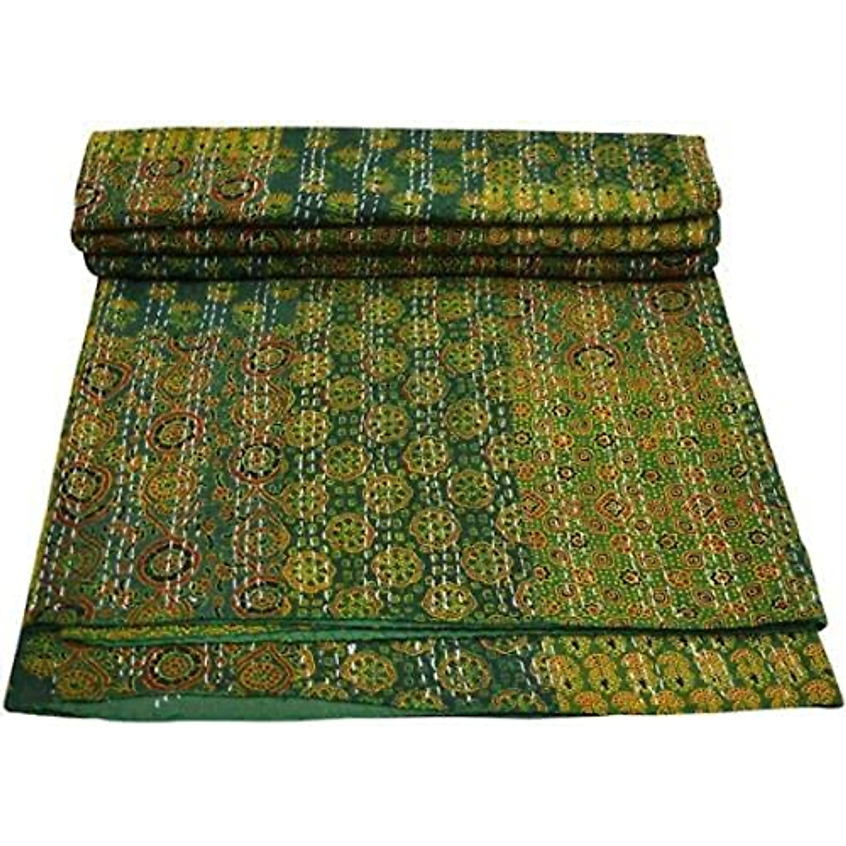 Maviss Homes Beautiful Indian Traditional Patchwork Super Soft Cotton Double Kantha Quilt | Throw Blanket Bedspreads | Cozy Blanket Quilt | Easy Machine Washable and Dryable (Green)