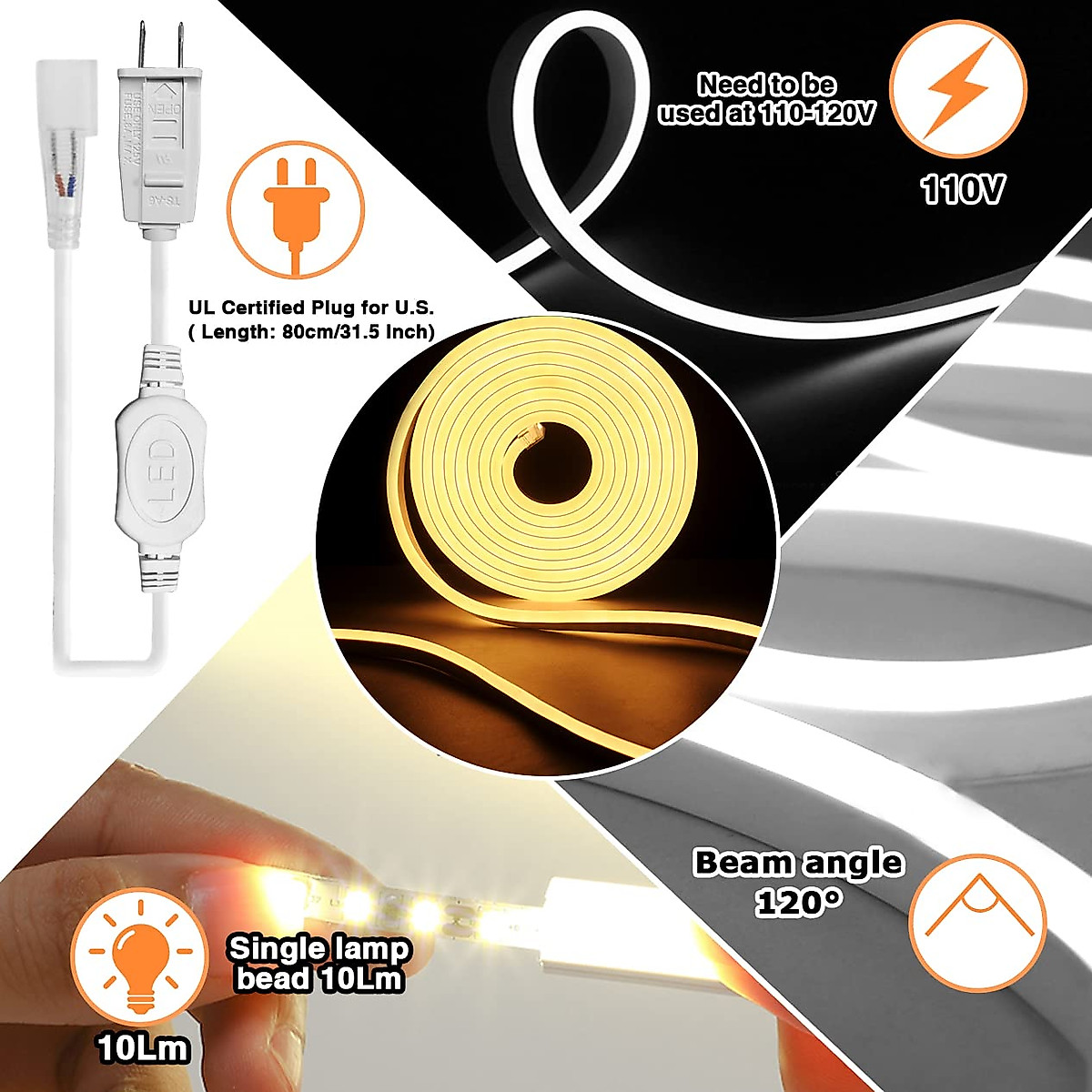 qnnp LED Neon Rope Light 16.4ft/5m LED Lights Strip AC110-120V Waterproof Cuttable Flexible Neon Strip Lights for Indoor&Outdoor Decoration Kitchen Bedroom Garden Hotel (Power Adapter Included)