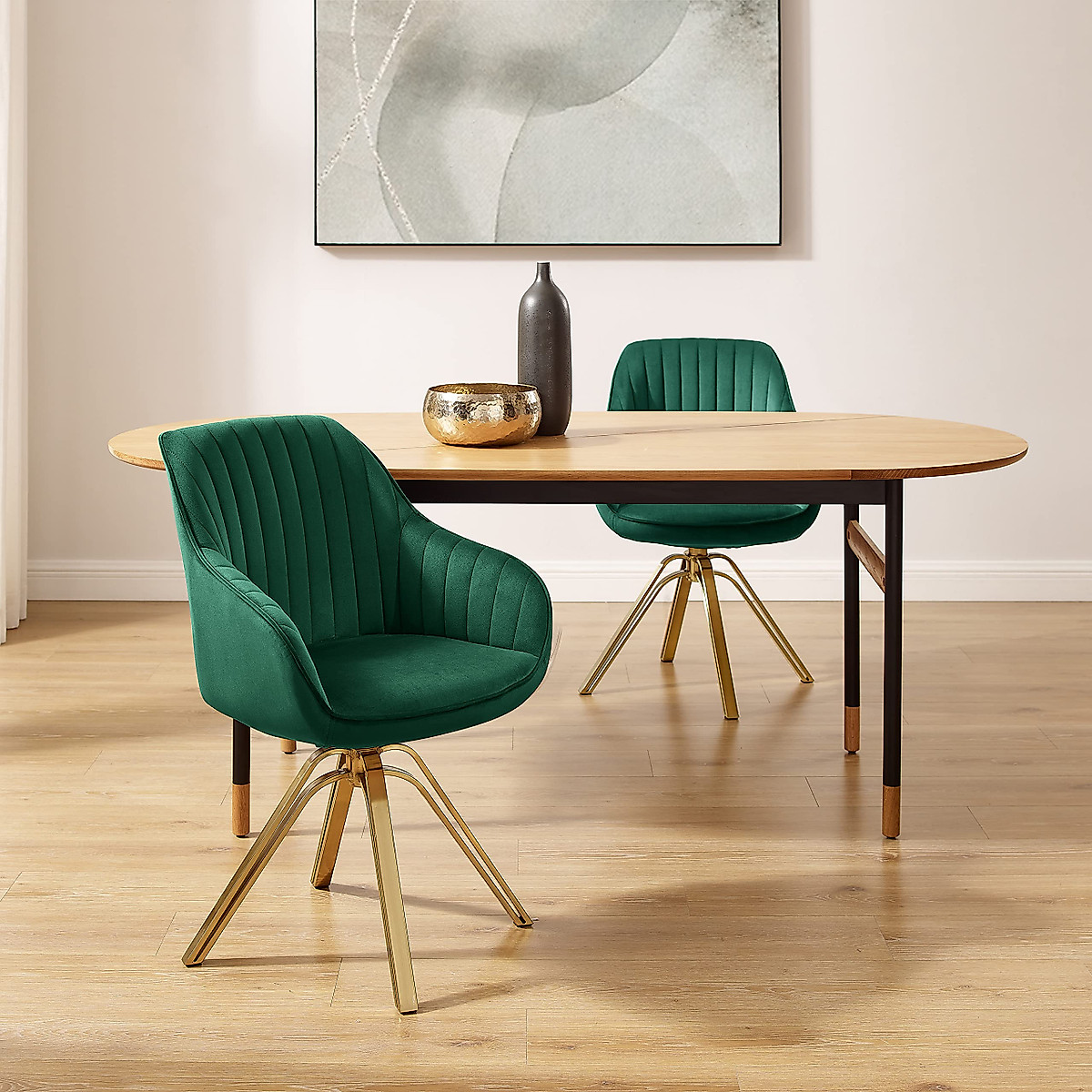 Volans Swivel Accent Chair, Mid Century Modern Desk Chair No Wheels, Upholstered Swivel Office Chair with Hollow Brushed Gold Plated Legs Office Chair for Living Room, Dining Room, Green Black