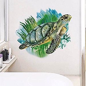 ROFARSO Lifelike Lovely Cute Green Sea Turtle Animal 3D Vinyl Bathroom Wall Stickers Removable Wall Decals Art Decorations Decor for Nursery Baby Bedroom Playroom Living Room Murals