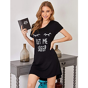 HOTOUCH Womens Night Sleepwear Short Sleeve Lightweight Knee Length Loose Fit Nightgown_Nightshirt A-Black, Large