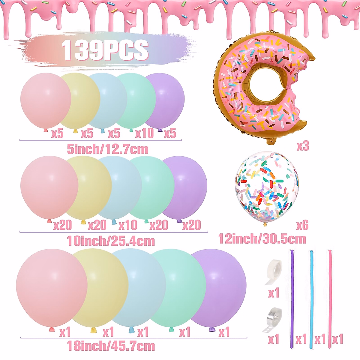 Donut Birthday Party Decorations,140Pcs Sweet One Balloon Garland Arch Kit and Happy Birthday Backdrop,Pastel Confetti Donut Foil Balloons for Donut Grow Up Baby Shower Decor Two Sweet Party Supplies