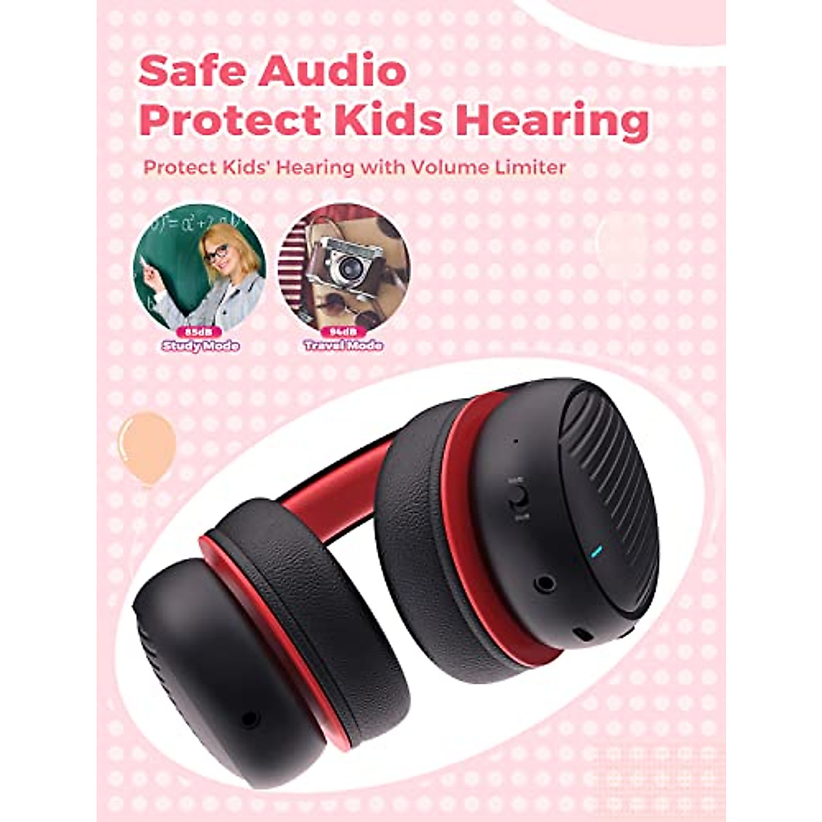 gorsun Premium Kids Headphones with 85/94dB Volume Limited, Wireless Headphones for Kids for School, Kids Bluetooth Headphones Over Ear with Built-in Microphone, Wired/Wireless, Adjustable (Red)
