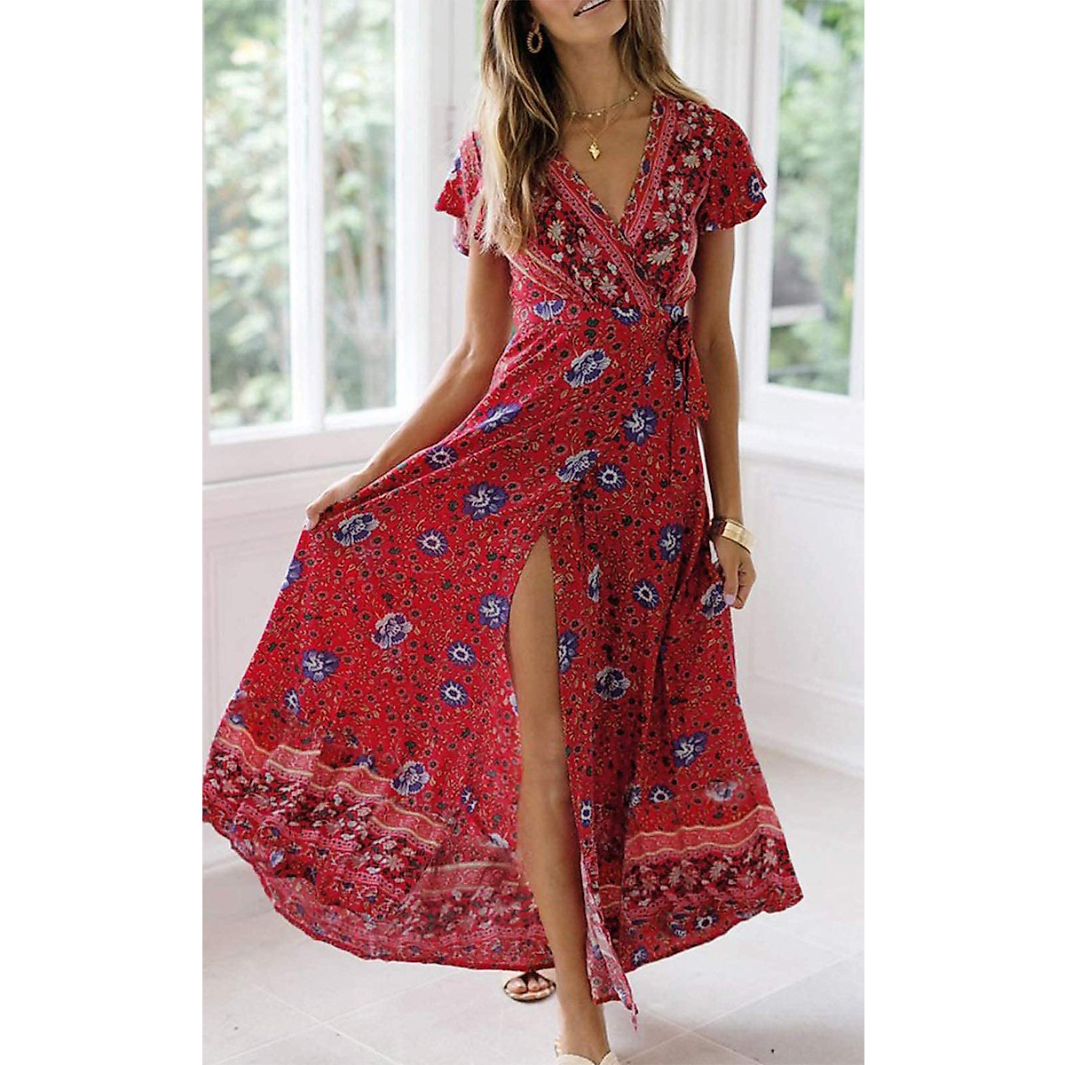 ZESICA Women's 2025 Bohemian Floral Printed Wrap V Neck Short Sleeve Split Beach Party Maxi Dress,Red,Medium