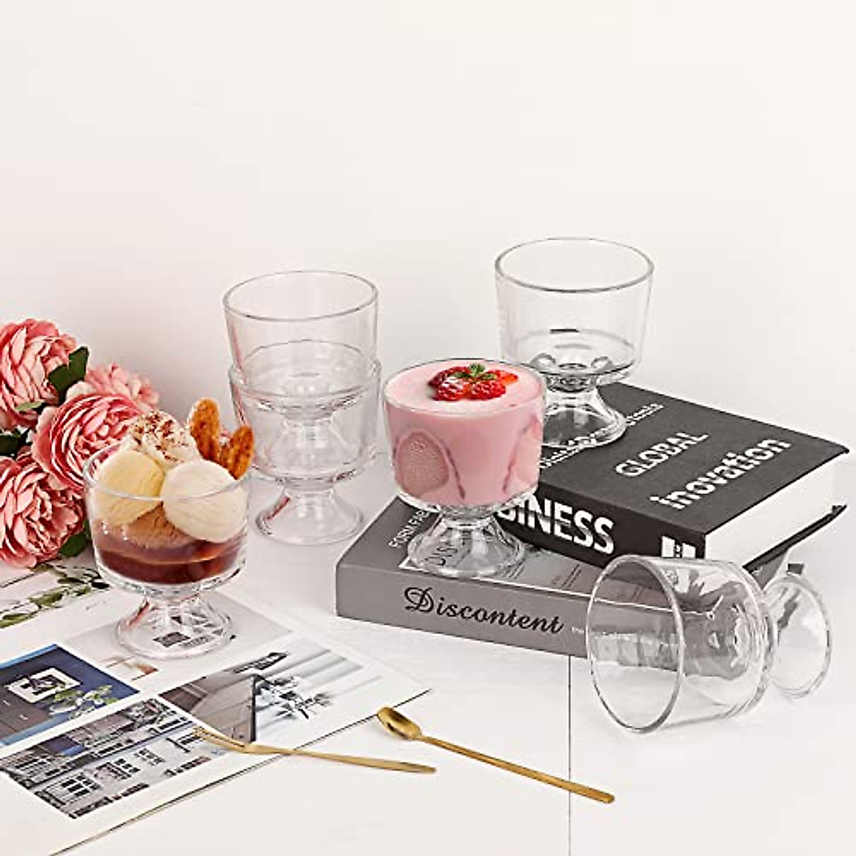 BSTKEY 6PCS Set 10 oz Glass Dessert Bowls/Cups, Cute Footed Dessert Bowls for Ice Cream Trifle Fruit Pudding Snack Salad Condiment Sundae Cocktail Drinks Party