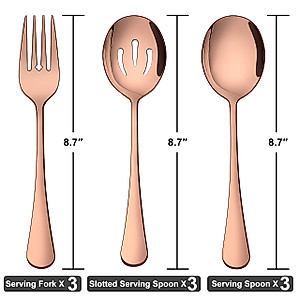 Homikit Stainless Steel 3 Copper Serving Spoons, 3 Slotted Serving Spoons, 3 Serving Forks, Metal Serving Utensils Hostess Set for Catering Dinner Party Buffet Banquet Restaurant, Dishwasher Safe