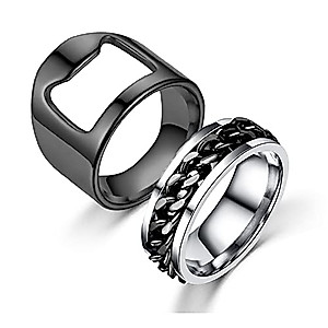 Stainless Steel Bottle Opener Ring Fidget Ring Anxiety Stress Relieving Cool Chain Statement Ring Thumb Beer Bar Opening Ring for Women Men-black 10