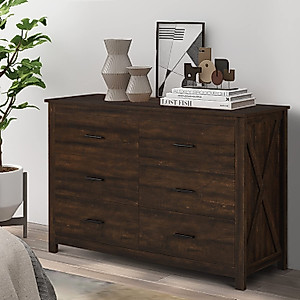 LTMEUTY Dresser for Bedroom - Wooden Dresser with 6 Drawers, Double Dresser, Oak Storage Drawer Cabinet, Chest of Drawer, Farmhouse Bedroom Furniture, Brown