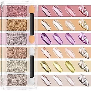6Colors Chrome Nail Powder, Metallic Holographic Mirror Nail Art Powder , Gold Rose Pink Nail Pigment Glitter Powder with 2PCS Eyeshadow Sticks for Gel Nails Salon DIY Nail Art Supplies (Gold)