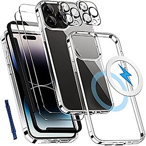 Jeywiry [7 in 1 for iPhone 14 Pro Max Case, with 2 Pcs Screen Protector ＆ 2 Pcs Camera Lens Protector, Slim Thin Shockproof Case 6.7" [Military Grade Drop Protection] [Not Yellowing] - Crystal Clear