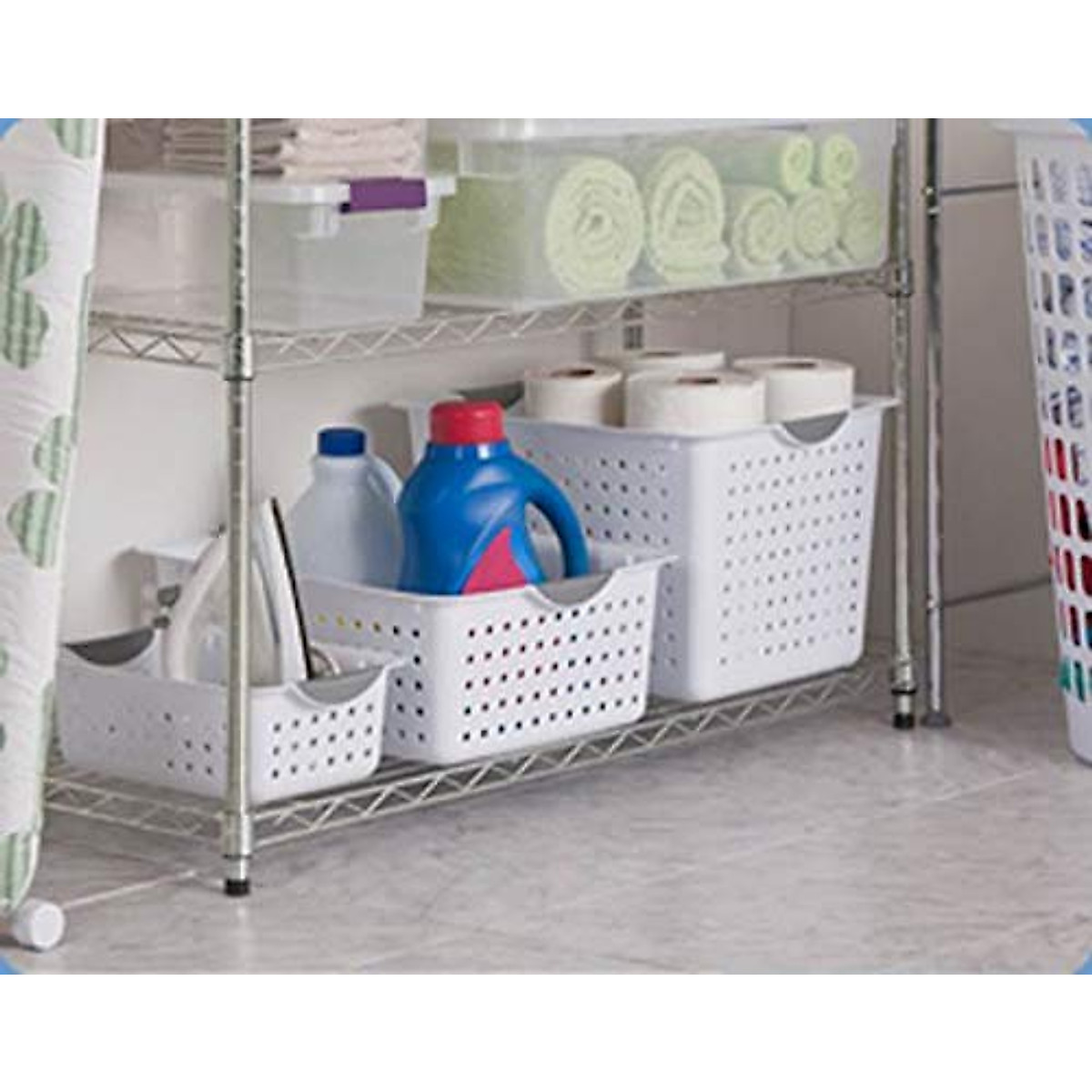 Sterilite Large Ultra Plastic Basket with Handles, 6 Count, and Medium Ultra Plastic Basket with Handles, 12 Count Storage Solution System for Home