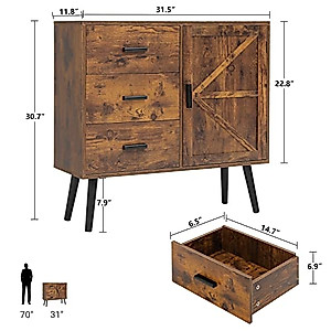 WEENFON Storage Cabinet with 3 Drawers & Barn Door, Mid Century Floor Cabinet with Adjustable Shelf, Buffet Cabinet, Wooden Accent Cabinet for Living Room, Bedroom, Dining Room, Rustic Brown