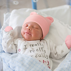 BQUBO Newborn Baby Hats Mittens Set for Boys Girls Hospital Hat Beanie Bear Ears Infant Caps Baby Cotton Gloves No Scratch Mittens for 0-6 Months