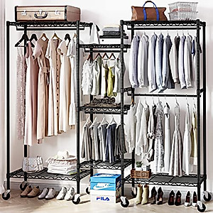 HOKEEPER Heavy Duty Rolling Wire Garment Rack with Rubber Wheels, Metal Clothing Rack for Hanging Clothes Freestanding Closet Organizer Portable Clothes Rack Wardrobe with 7 Shelves & 5 Hanging Rods