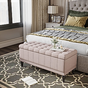 HOMCOM Storage Ottoman, Linen Fabric Button Tufted Storage Bench with Soft Close Lid for Living Room, Entryway or Bedroom, Beige