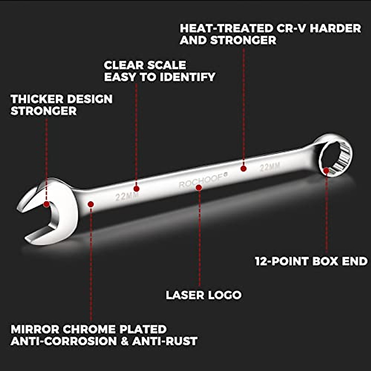 ROCHOOF Combination Wrench Set,32-Piece Chrome Vanadium Steel Wrench Set 12-Point SAE & Metric Wrenches 1/4"-1" and 7-22mm with Rolling Pouch
