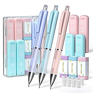 Four Candies Pastel Mechanical Pencil Set - 3PCS 0.5mm Mechanical Pencils with 240PCS HB Lead Refills, 3PCS Erasers and 9PCS Eraser Refills, Cute Colored Mechanical Pencils for Drawing & Writing