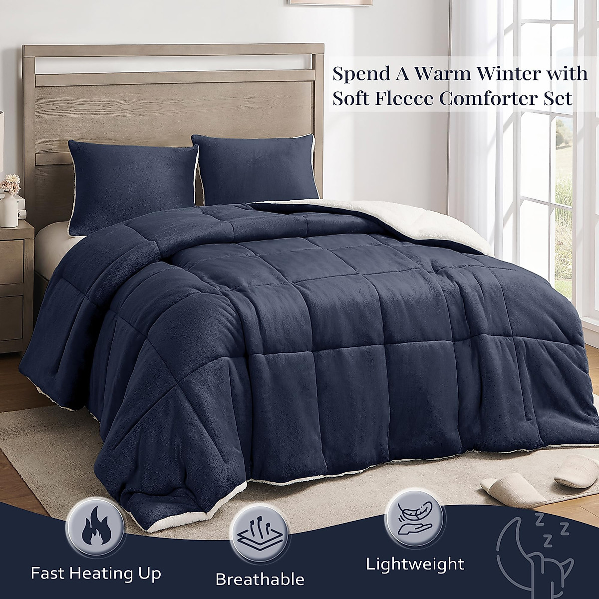 Basic Beyond Twin Comforter Set - Micromink Fleece Sherpa Comforter for Twin Bed, Soft and Warm Twin Bedding Comforter Set for Girls and Boys in Winter, Navy, 64"x88"