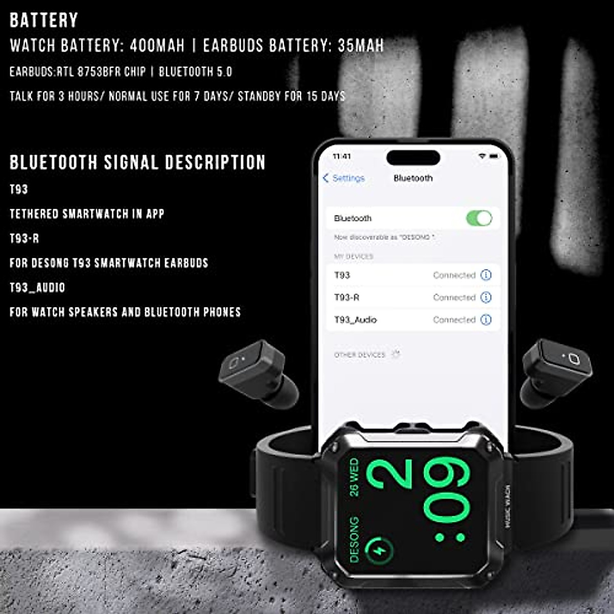 Desong Smart Watch with Earbuds,Watch Buds Smartwatch,3 in 1 Smart Watch Buit-in 4GB Memory,1.96" Smartwatches(Call Receive/Dial),Waterproof,Recording,Sleep Monitor,Fitness Tracker for iOS Android
