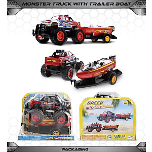 Mozlly Monster Truck Toys Set with Trailer Toy Boat - Friction Powered Hauling Truck and Trailer Toy, Big Toy Monster Truck with Boat, Adventure Truck Pulling Boat Toy Monster Trucks for Kids - 9 Inch