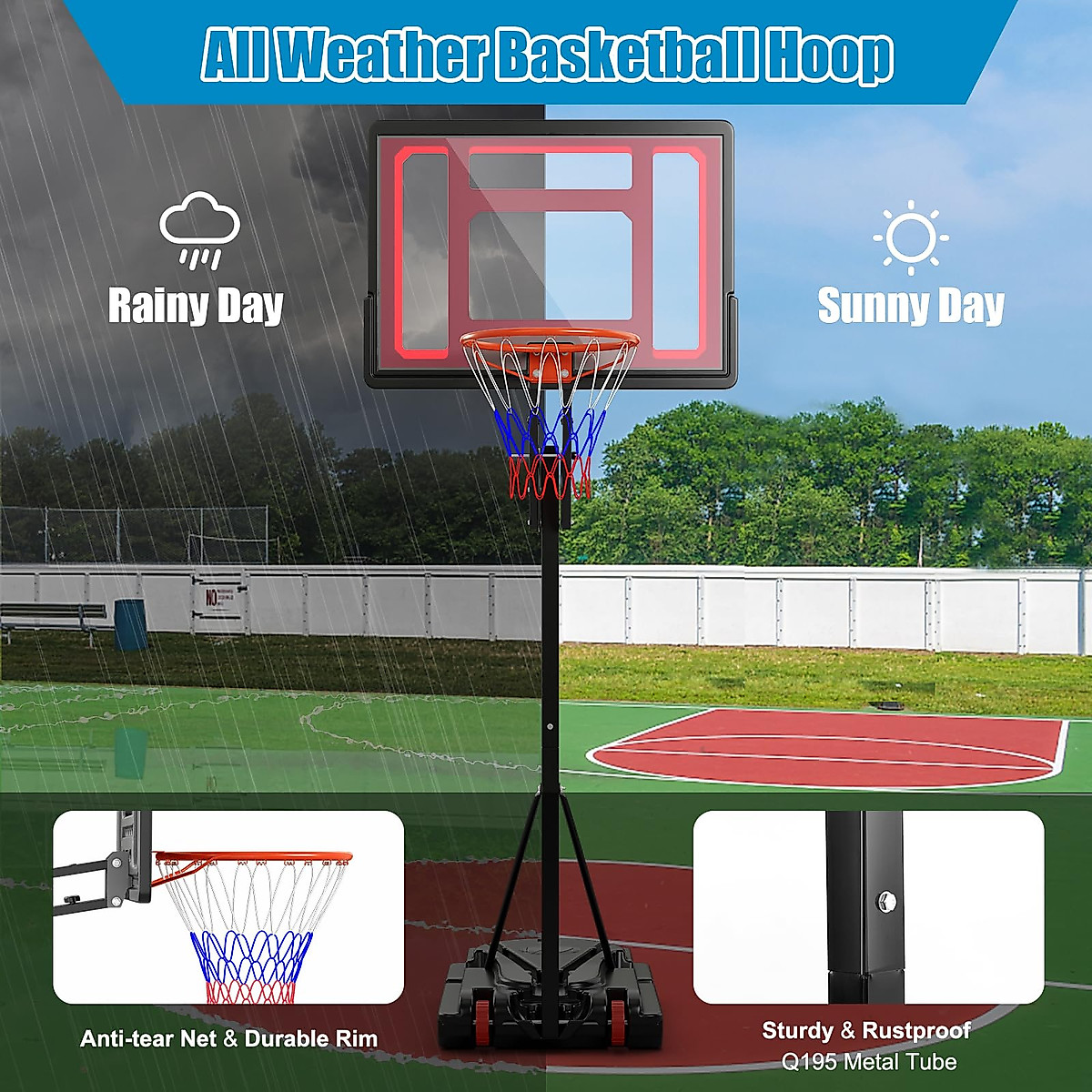 GYMAX Portable Basketball Hoop, 5 FT to 10 FT Adjustable Basketball Goal with 10 Heights, All Weather Basketball Stand System with Weight Bag & Wheels, for Kids Youth Adult, Indoor Outdoor Pool, Court