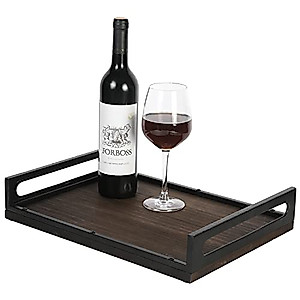MyGift Large Wood Serving Tray, 16 x 12 Inch Matte Black Metal and Burnt Brown Wooden Party Server Tray, Decorative Ottoman Tray with Cutout Handles