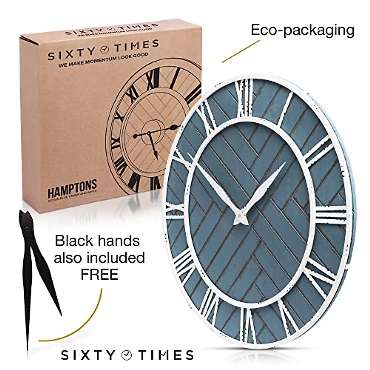 Sixty Times Hamptons - - Wall Clock 24 Inch - - Silent - - Metal & Wood - - Rustic Ocean Blue & White