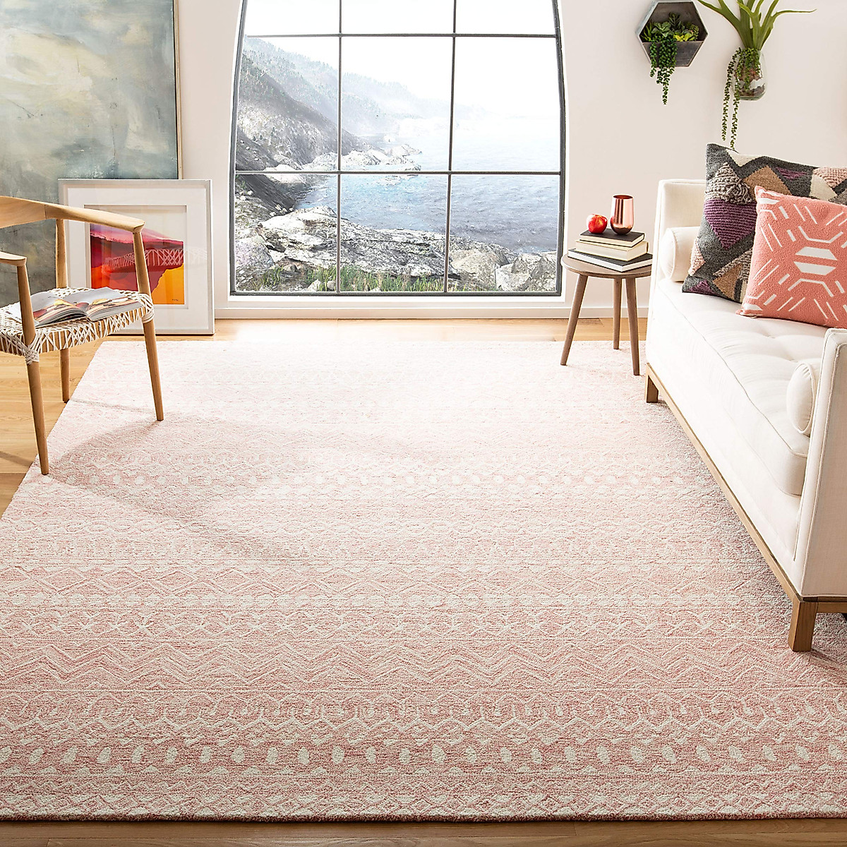 SAFAVIEH Micro-Loop Collection Area Rug - 8' x 10', Pink & Ivory, Handmade Moroccan Boho Tribal Wool, Ideal for High Traffic Areas in Living Room, Bedroom (MLP502U)