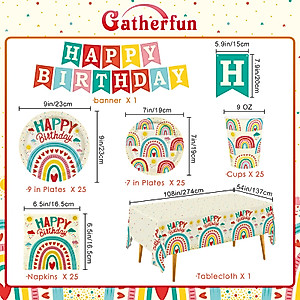 Retro Rainbow Themed Happy Birthday Party Supplies Set - Vibrant Disposable Paper Plates, Cups, Napkins, Tablecloth & Birthday Banner - Fun & Colorful Design for Boys/Girls - For 25 Guests