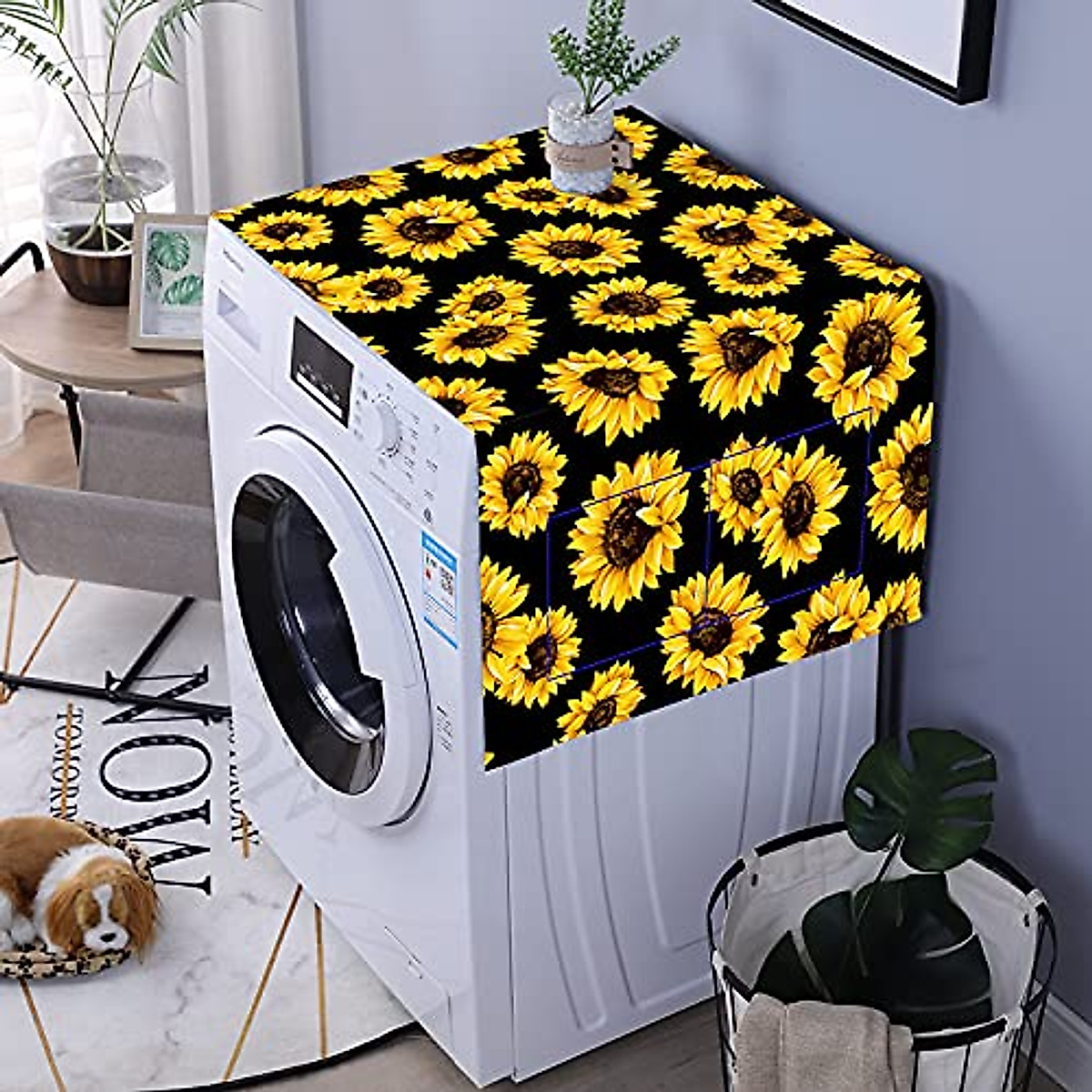 Bettop Yellow Blooming Sunflowers Black Washer And Dryer Top Covers, Fridge Dust Proof Cover, Multi-Purpose Washing Machine Top Cover Front Load, With Storage Organizer Bags,One Size