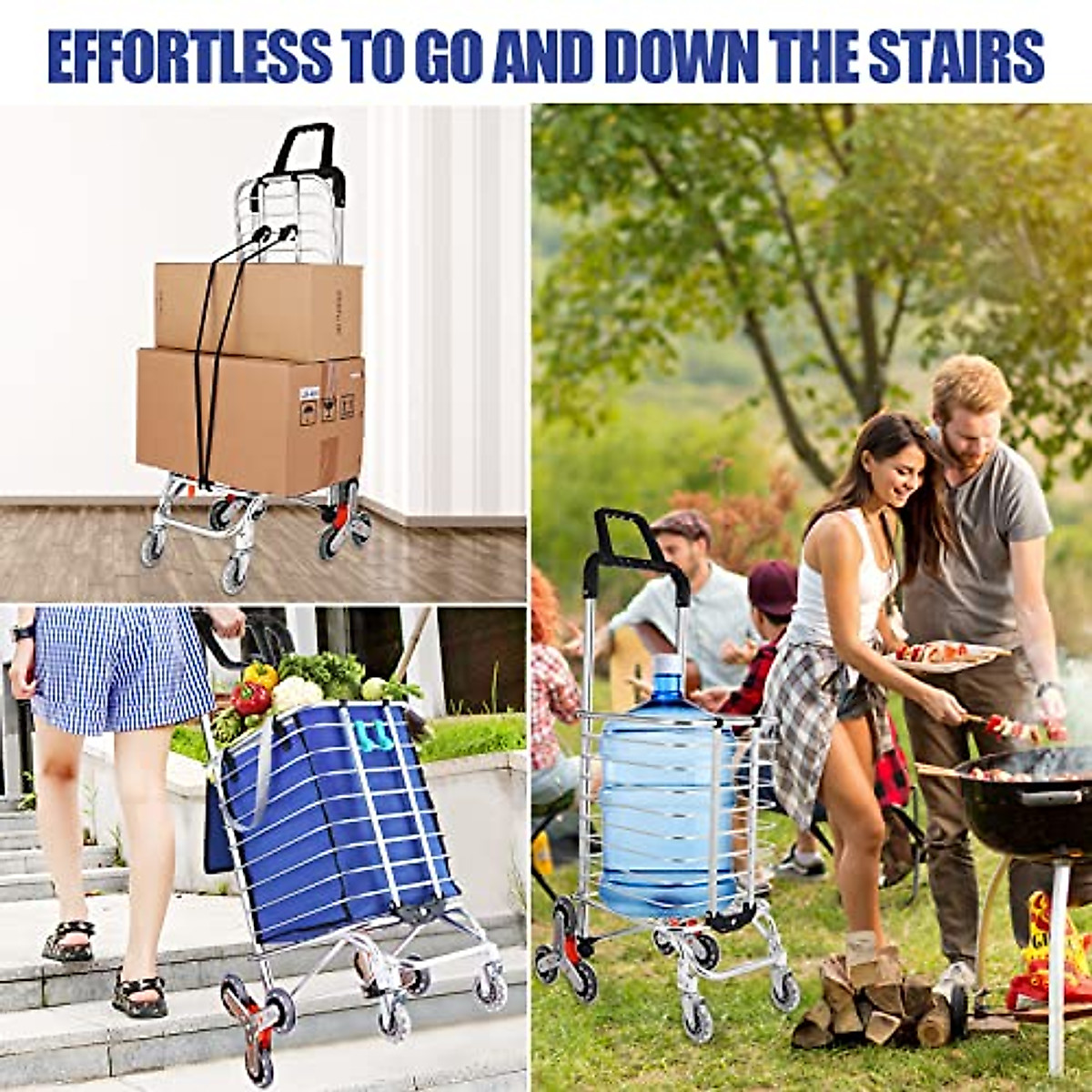 Folding Shopping Cart, Grocery cart on Wheels 35L 110lbs Large Capacity Stair Climbing Trolley w/8 Wheels & Removable Waterproof Oxford Bag Utility Cart (Blue)