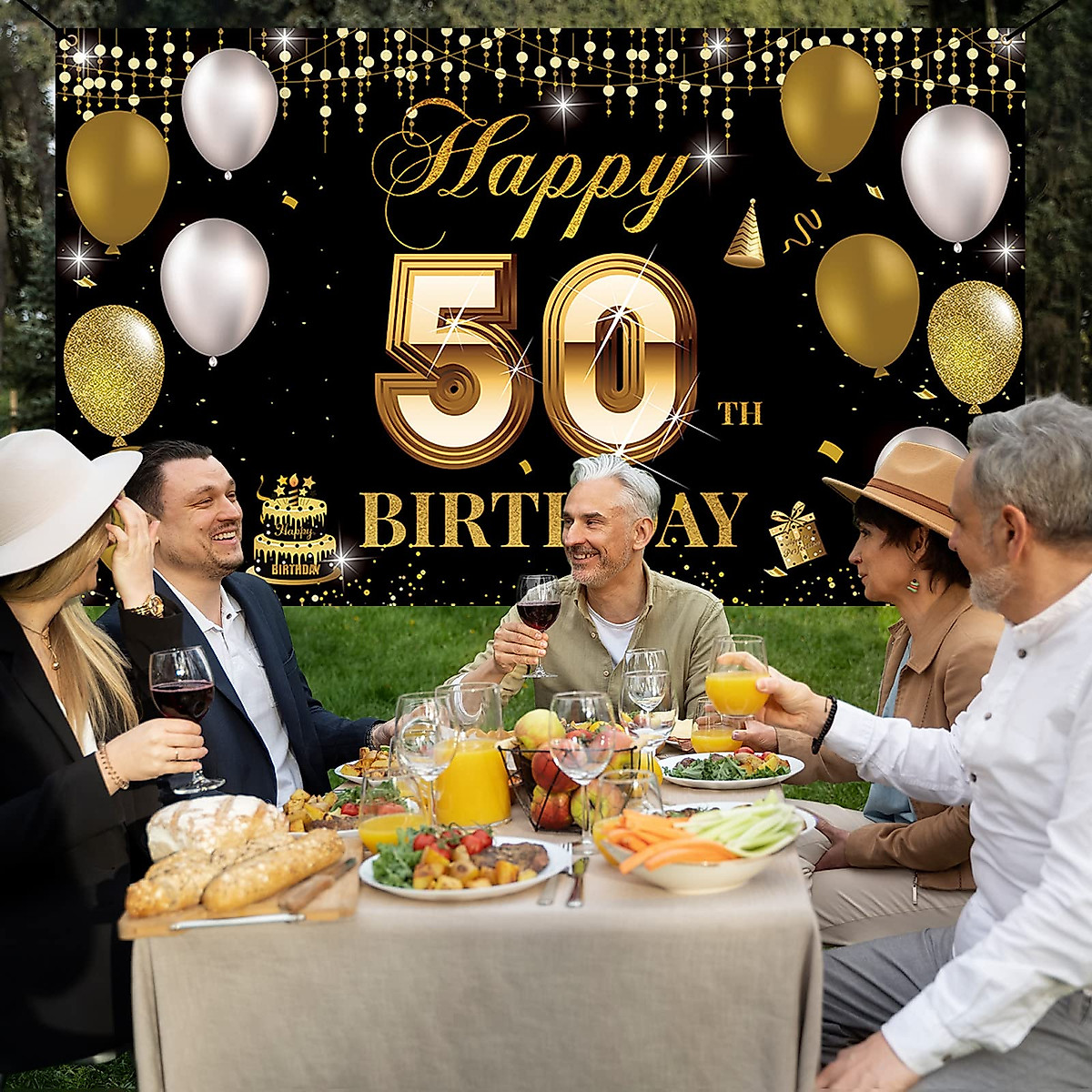 HTDZZI 50th Birthday Banner Backdrop, Happy 50th Birthday Decoration Men Women, 50 Year Old Birthday Party Yard Sign Black Gold, 50th Birthday Photo Booth Props Decor, Fabric, 6.1ft x 3.6ft