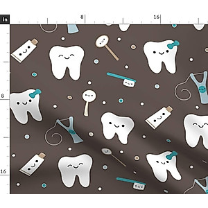 Spoonflower Fabric - Happy Teeth Large Brown Teal Dental Dentist Tooth Toothpaste Printed on Petal Signature Cotton Fabric by The Yard - Sewing Quilting Apparel Crafts Decor
