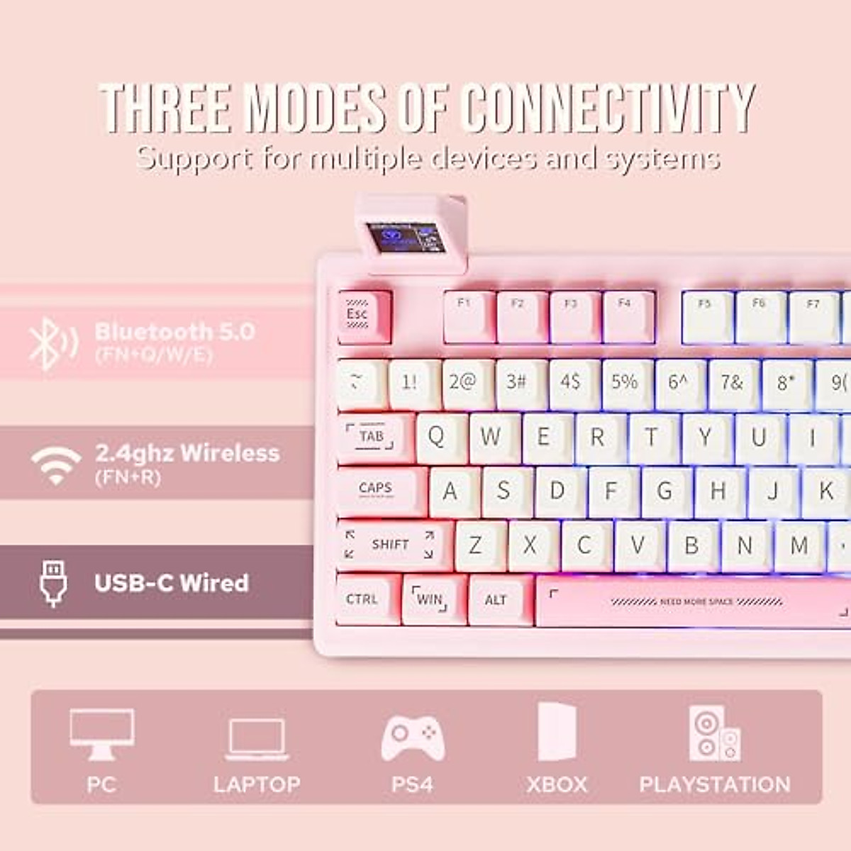 EPOMAKER RT100 97 Keys Gasket BT5.0/2.4G/USB-C Mechanical Keyboard with Customizable Display Screen, Knob, Hot Swappable Socket, 5000mAh Battery for Win/Mac(RT100 Pink, Sea Salt Silent Switch)