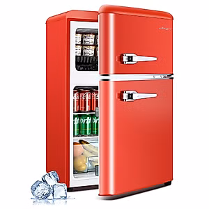 Anypro 3.2 Cu.Ft Refrigerator, Retro Double Door Fridge with Freezer, 7 Adjustable Temperature Settings, Removable Glass Shelves for Dorm, Office, Bedroom, Apartment, Red