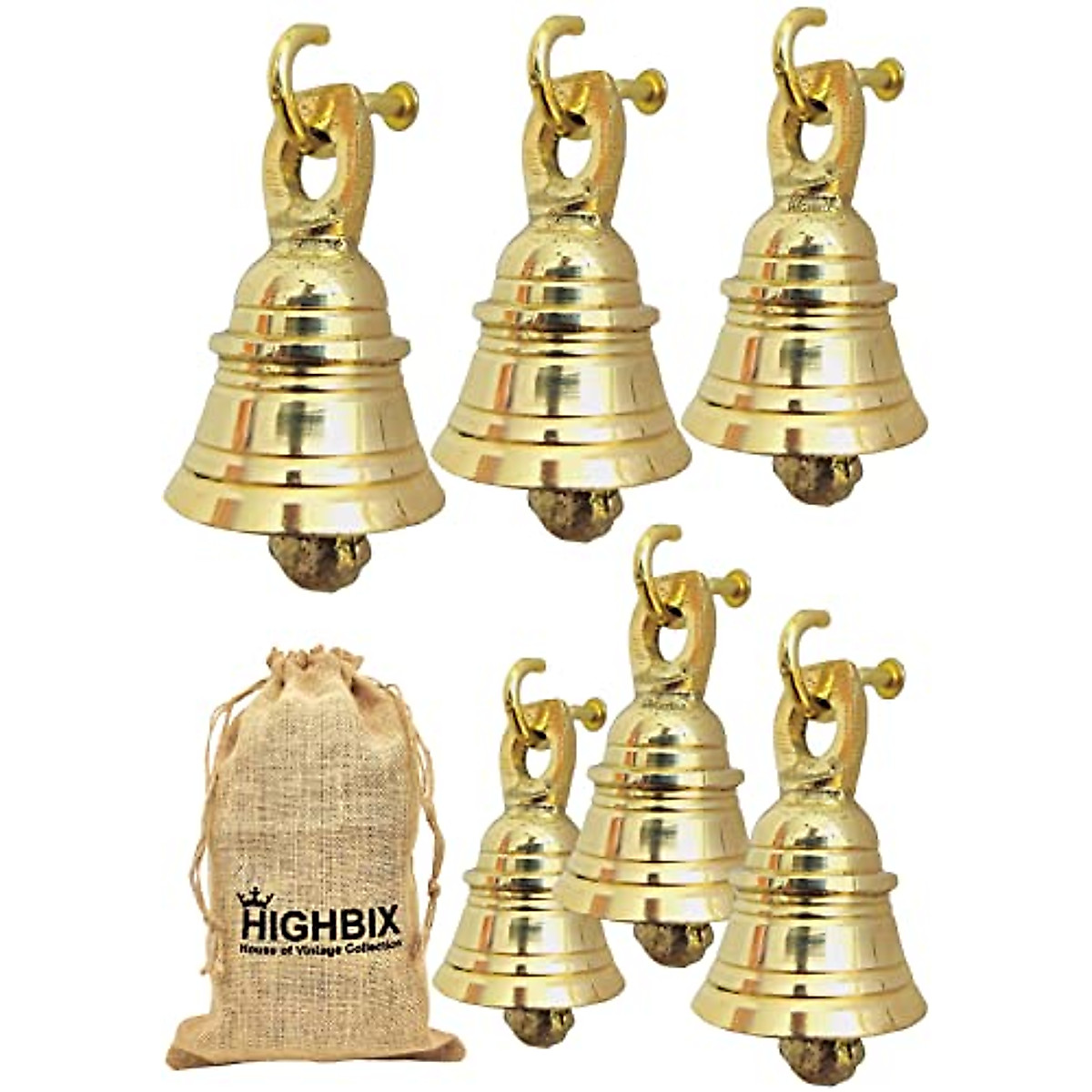 HIGHBIX Solid Brass Jingle Bells Set of 6 Hanging Harmony Festive Décor Handmade Brass Bells with Hooks