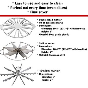 Round Cake Slice & Pie Slicer Marker Set, Winco Stainless Steel Pie Cutter 8 Cut + Plastic Double Sided Cake Marker 10-12 Slice + 10 Cut Aluminum Pie Slicers Marker Bundle