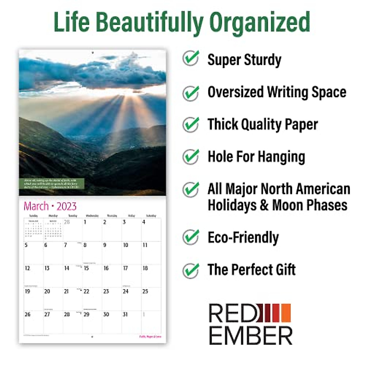 RED EMBER Bible Verses Faith, Hope & Love 2023 Hangable Monthly Wall Calendar | 12" x 24" Open | Thick & Sturdy Paper | Giftable | The Greatest Is Love