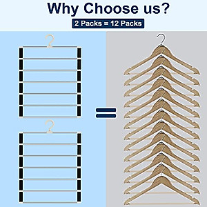 2PC Upgrade 6 Layers Pants Hangers Space Saving, Non Slip Pants Rack for Closet Organizers Storage, Hangs Up to 12 PC, for Trousers,Leggings,Jeans,Skirts, College Dorm Room Essentials