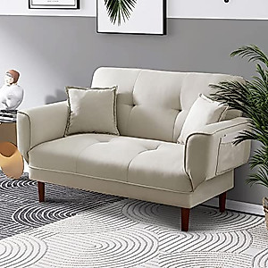 SoarFlash Convertible Futon Sofa Bed with 2 Pillows, Small Couch with Adjustable Armrest and Wood Legs, Upholstered Loveseats Furniture Low Back 2-Seat Sofa Couch with 5-Angle Backrest (Beige)