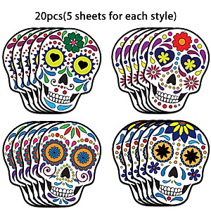 FaCraft Day of Dead Sugar Skulls Decorations,20pcs Dia de Los Muertos Skulls Sign Mexican Fiesta Skeleton Hanging Sign for Halloween Party Decorations Supplies
