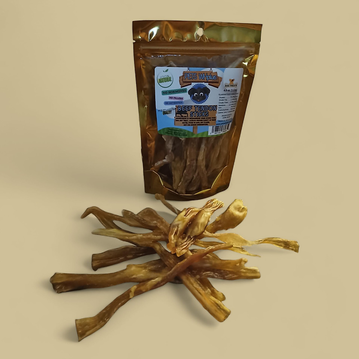 PETS WHplus Beef Tendon Sticks for Dogs,100% Natural Dog Treats, 4 oz (113g) Pack, Chews for Dogs, Mixed Lenght Varies 4-7 inches, Grass -Feed Beef-Dental Dog Chews, High in Protein & Collagen.