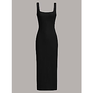 Verdusa Women's Casual Sleeveless Square Neck High Waist Rib Knit Tank Long Dress Black L