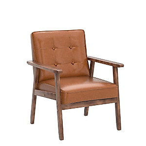 Okeysen Mid Century Modern Accent Chair, Retro Wood Leather Armchairs Side Chair, Lounge Reading Comfy Arm Chair for Living Room, Bedroom, Office (Brown)