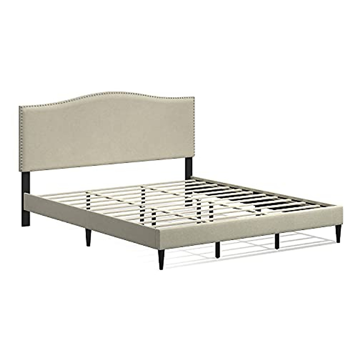 Glenwillow Home Kameli Upholstered Platform Bed Frame/Nailhead Trim Camelback/Mattress Foundation/No Box Spring Needed/Easy Assembly, Beige, California King