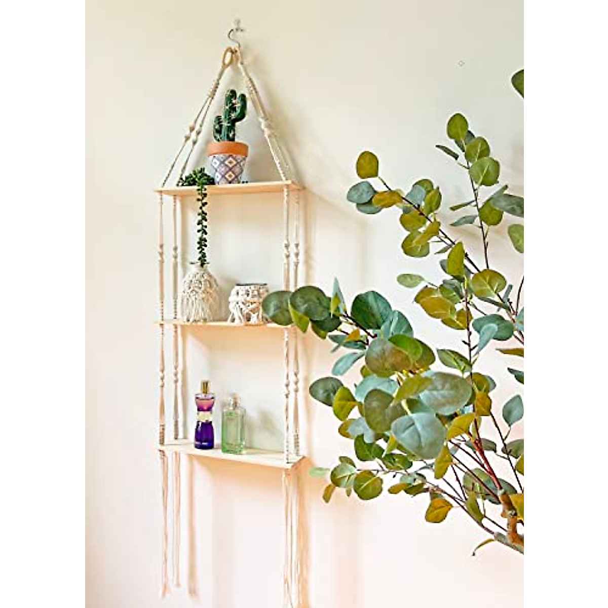 M MANUAL Macrame Wall Hanging Shelf - 3 Tier Wall Shelves Boho Wall Decor Storage Shelf Plant Shelf Bookshelf for Bathroom Bedroom Living Room Handmade Boho Home Decor