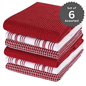 Urbana Cotton Set of 6 Assorted Waffle Kitchen Towels 100% Cotton Super Soft Absorbent Reusable Cleaning Cloths Machine Washable Weave Tea Towel with Hanging Loop (Red & White, 16 X 26 Inches)